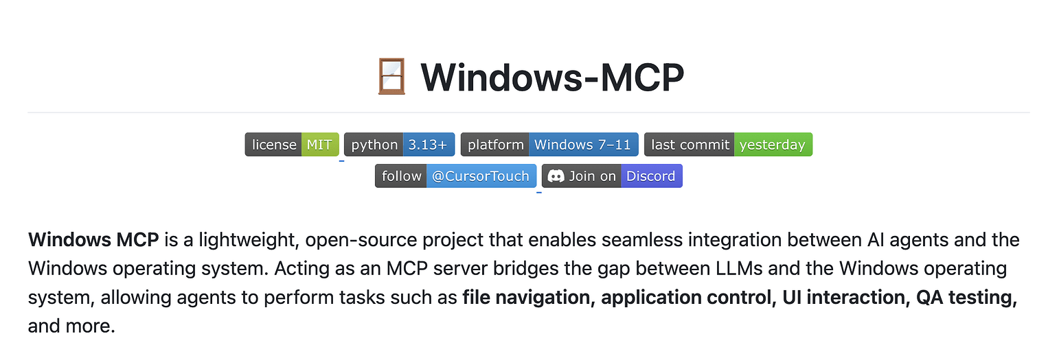 Windows MCP: 다양한 AI 에이전트가 윈도우 UI 요소를 직접 제어할 수 있도록 하는 MCP Server 프로젝트 ...