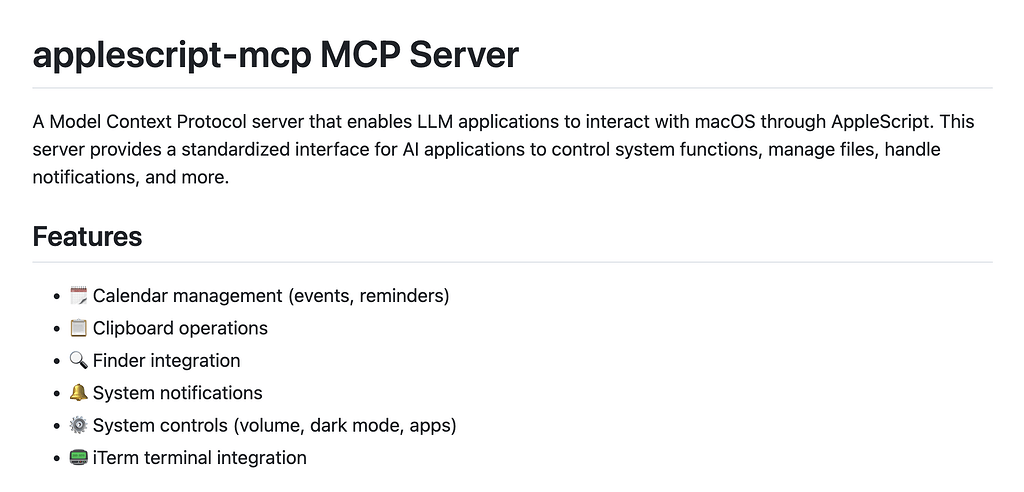 AppleScript-MCP: AppleScript 활용하여 macOS의 자동화 및 제어를 지원하는 MCP Server - 읽을거리&정보공유 - 파이토치 한국 사용자 모임