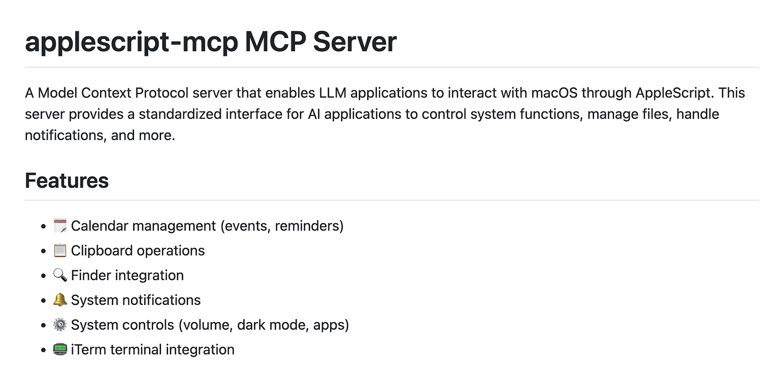 AppleScript-MCP: AppleScript 활용하여 macOS의 자동화 및 제어를 지원하는 MCP Server - 읽을거리&정보공유 - 파이토치 한국 사용자 모임