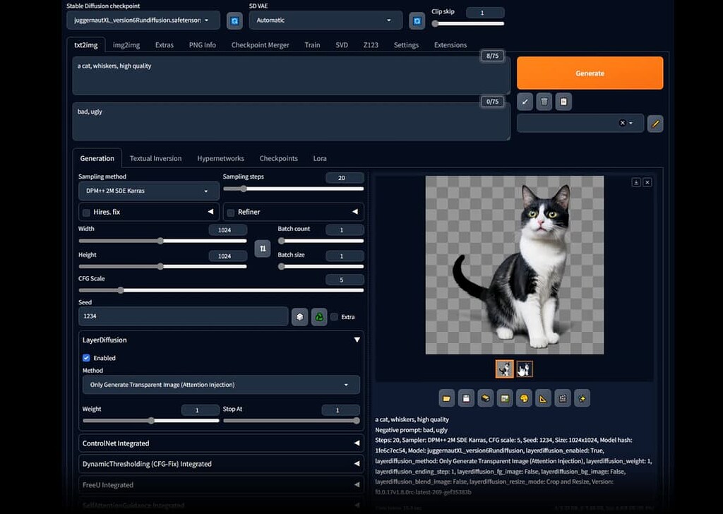 SD-Forge-LayerDiffuse: SD WebUI용 투명 이미지 레이어 디퓨전 확장(Transparent Image Layer Diffusion using ...